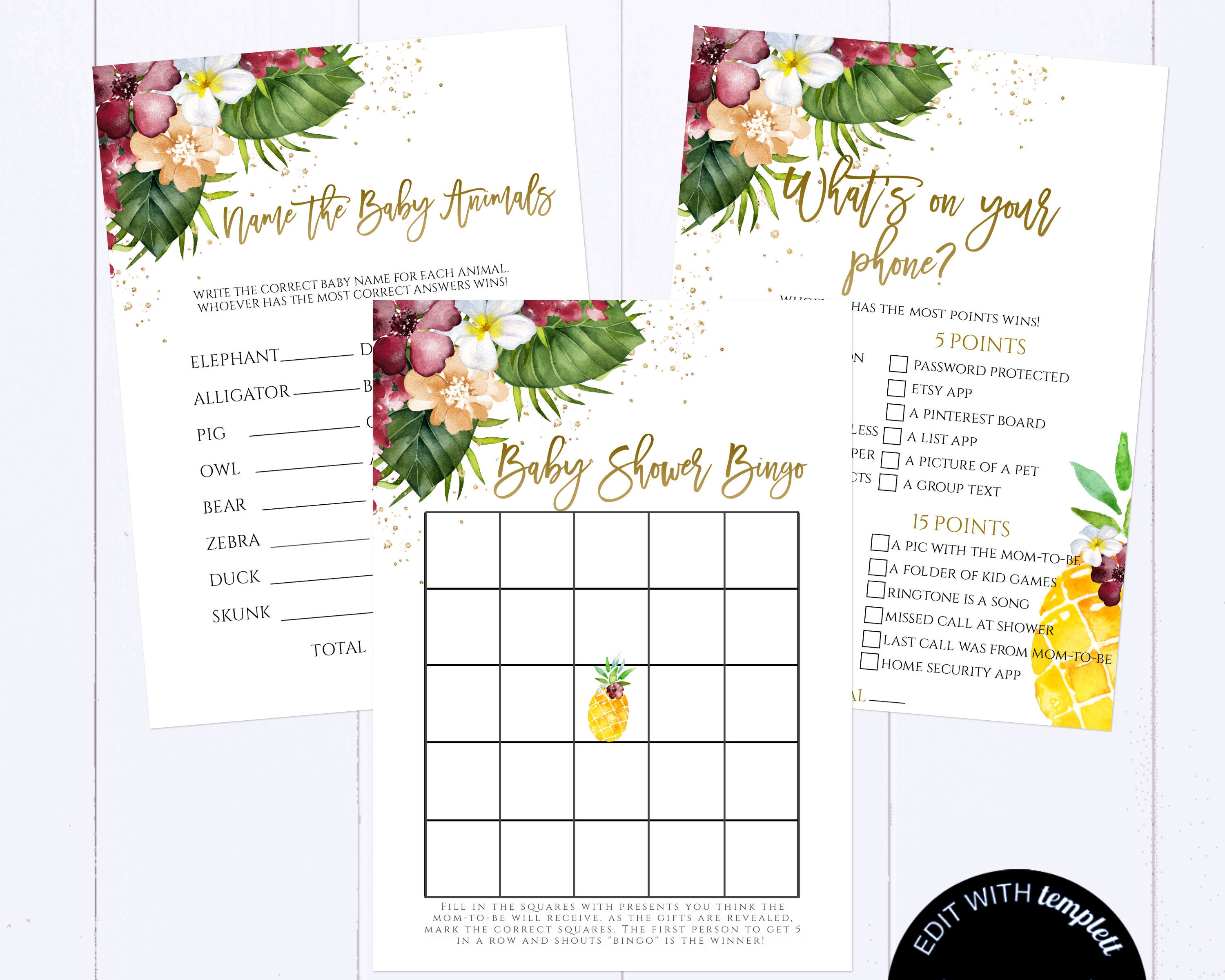 Tropical Baby Shower Games Printable Baby Shower Games Package Baby ...