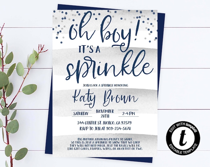 Editable Baby Shower Sprinkle Invitation Template, Boy Blue Sprinkled ...