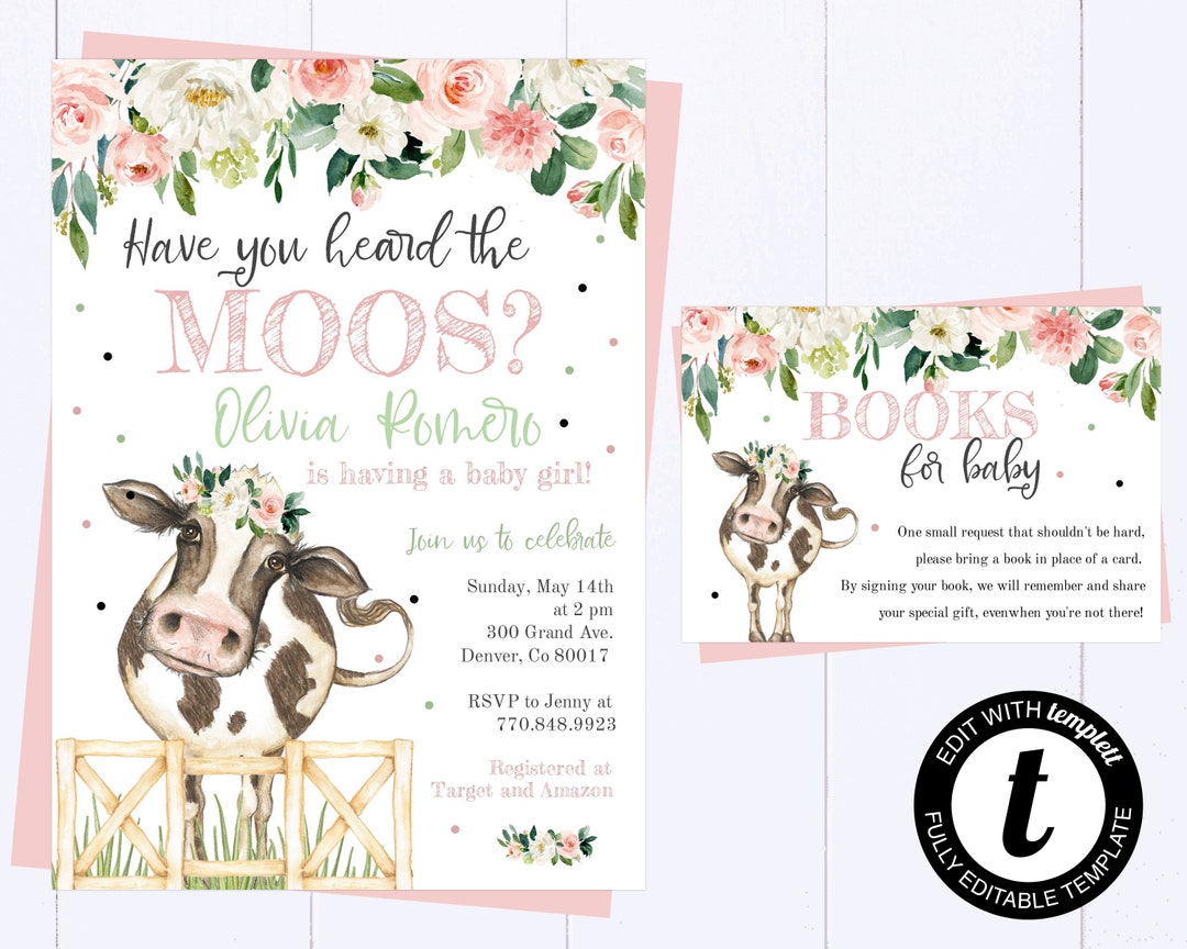 Pink Cow Baby Shower Invite Pink and Gray Baby Girl Shower Invitations ...