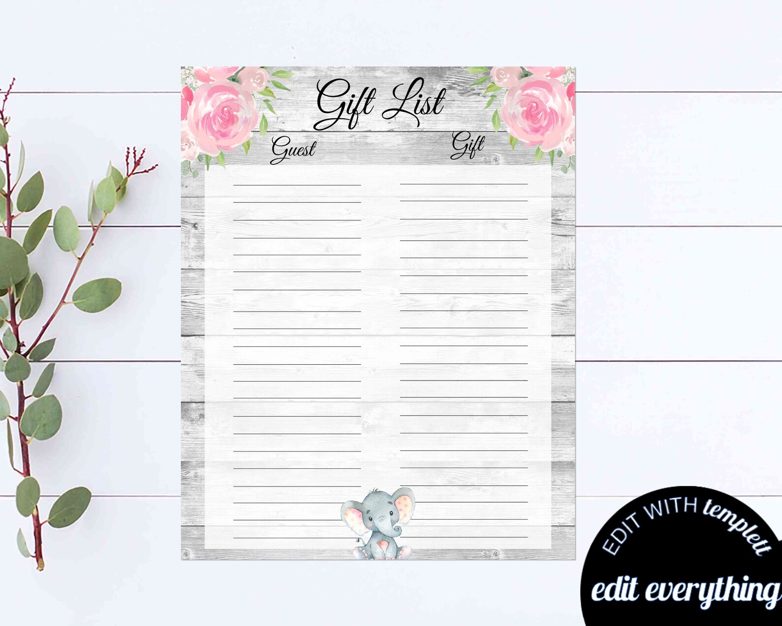 Elephant Gift List Printable Template Baby Shower Gift List Pink ...