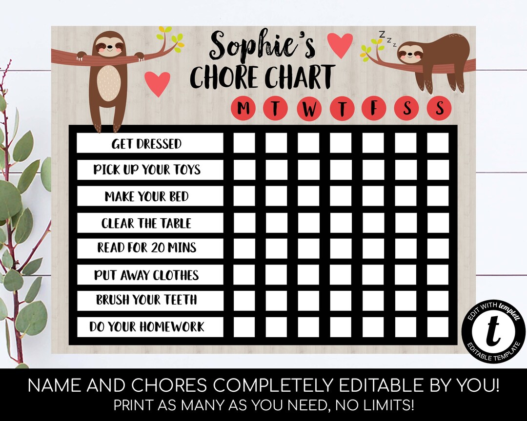 Sloth Chore Chart Editable Kids Chore Chart Reward Chart for Kids Sloth ...