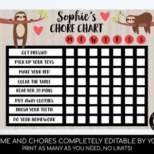 Sloth Chore Chart Editable Kids Chore Chart Reward Chart for Kids Sloth ...