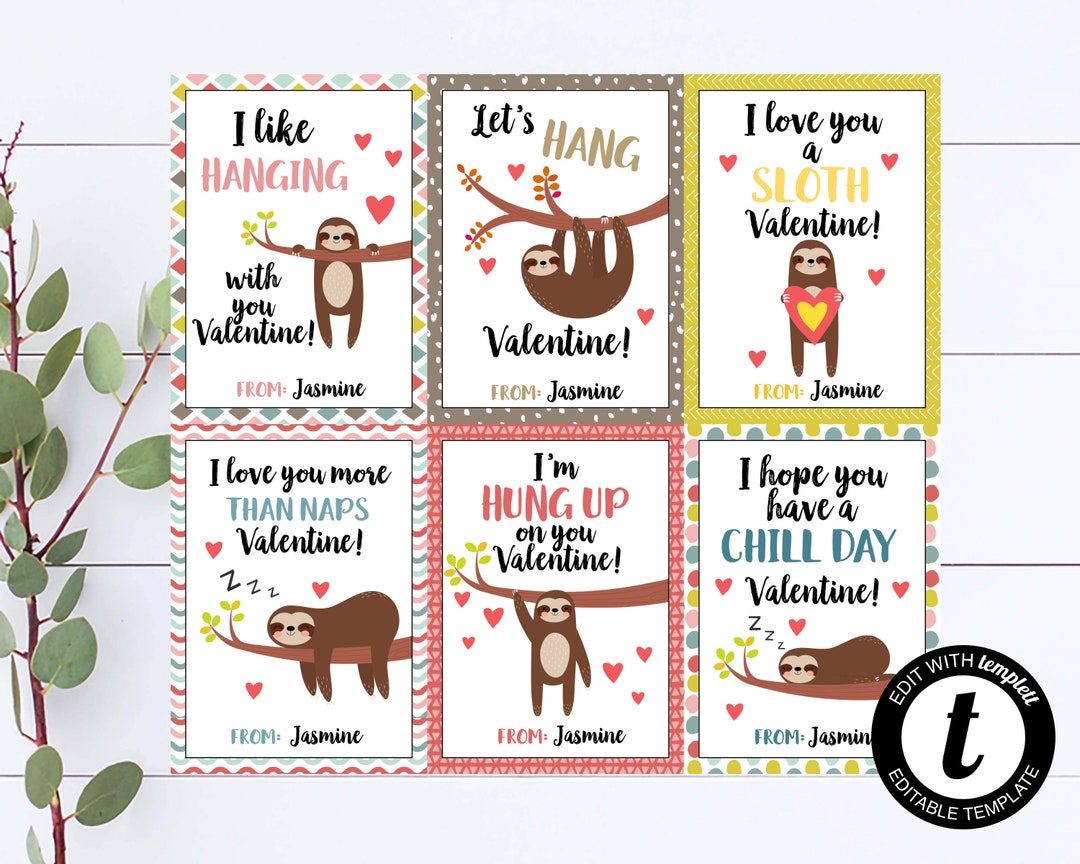 Sloth Valentines Cards Editable and Personalized Kid Sloth Valentine's ...