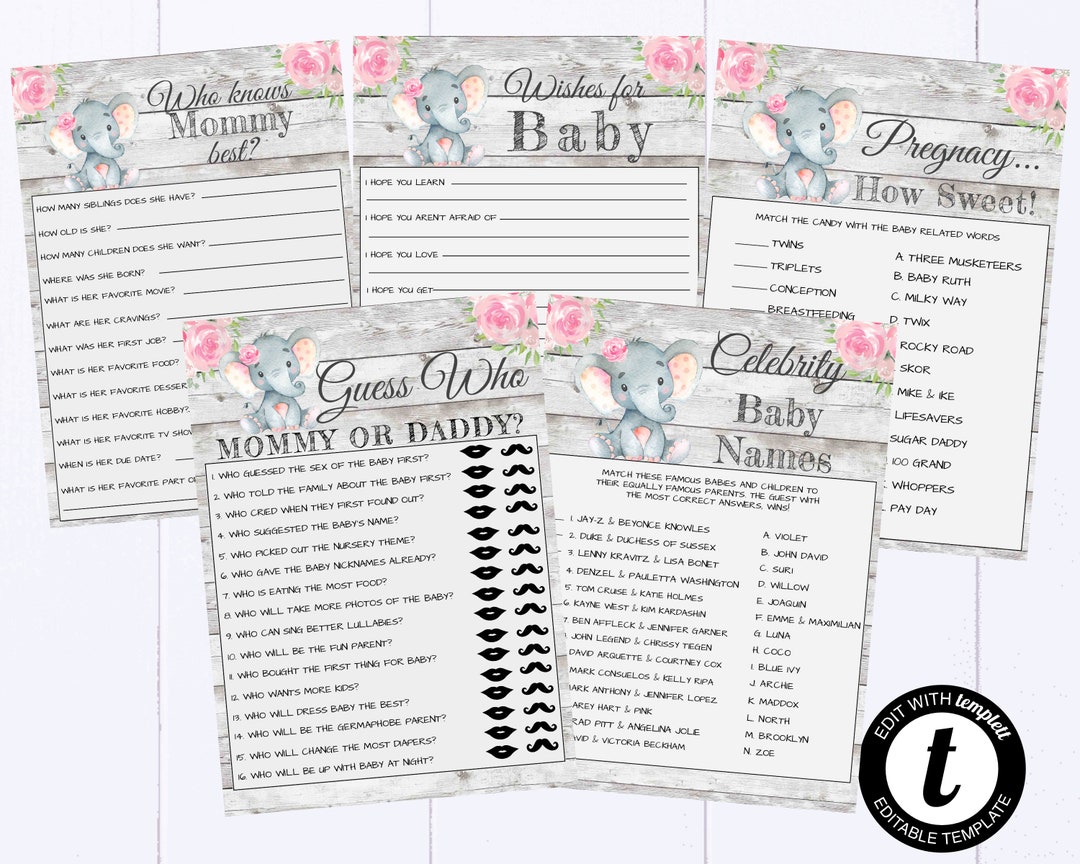 Pink Elephant Baby Shower Games Floral Baby Shower Games Package Baby ...