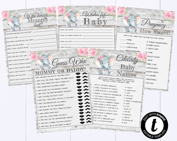 Pink Elephant Baby Shower Games Floral Baby Shower Games | Etsy