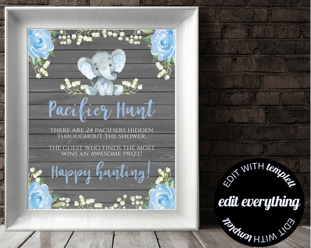 Pacifier Hunt Shower Game Elephant Shower Pacifier Hunt Sign Blue ...