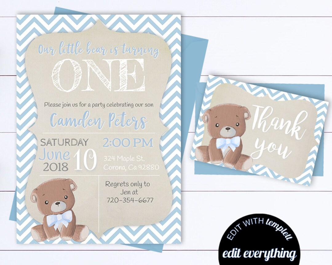 Blue Bear Birthday Invitation Boy Teddy Bear Birthday Invitations Blue ...