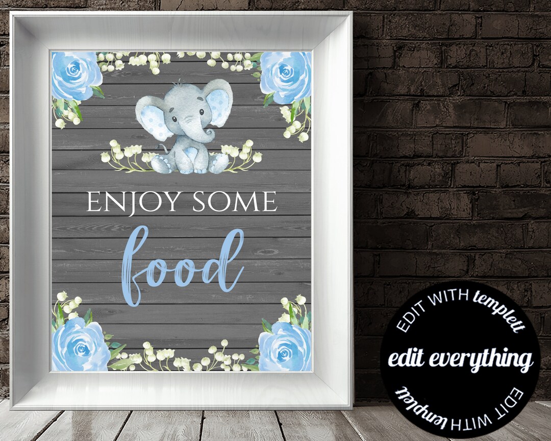 Enjoy Some Food Sign Elephant Food Table Sign Blue Floral Baby Shower ...