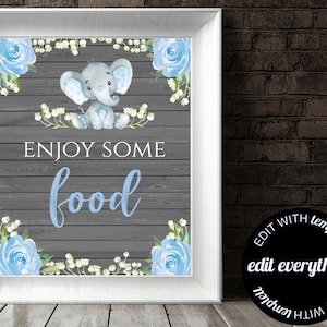 Enjoy Some Food Sign Elephant Food Table Sign Blue Floral Baby Shower ...