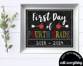 Editable First Day of 4th Grade Sign. Printable First Day of - Etsy