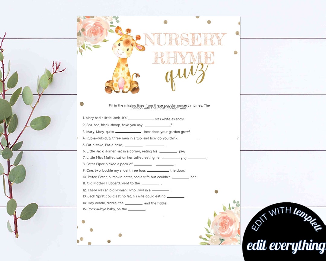 Giraffe Nursery Rhyme Quiz Baby Shower Game Pink Floral Baby Shower ...