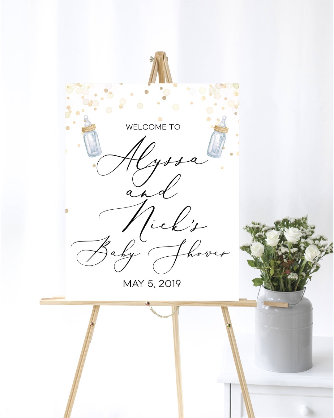 Poppin' Bottles Baby Shower Welcome Sign Gold Baby Shower Welcome Sign ...