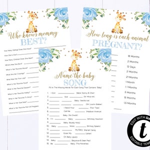 Giraffe Baby Shower Game Package Safari Animal Baby Shower Games Blue ...