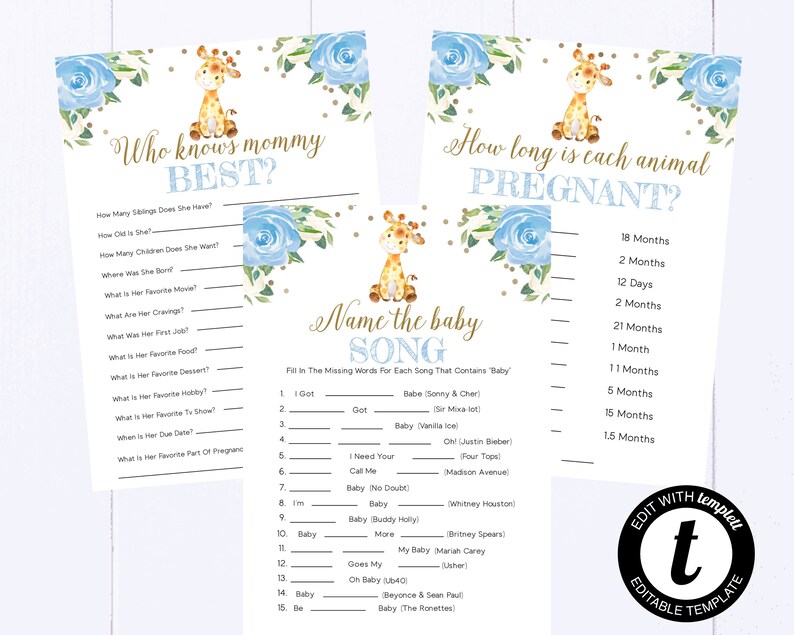 Giraffe Baby Shower Game Package Safari Animal Baby Shower | Etsy