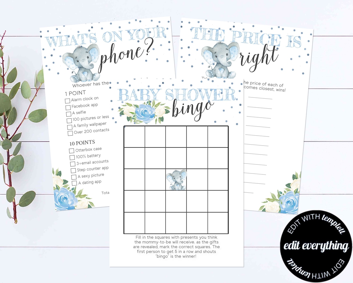 Elephant Baby Shower Games Printable Baby Shower Games Package Baby