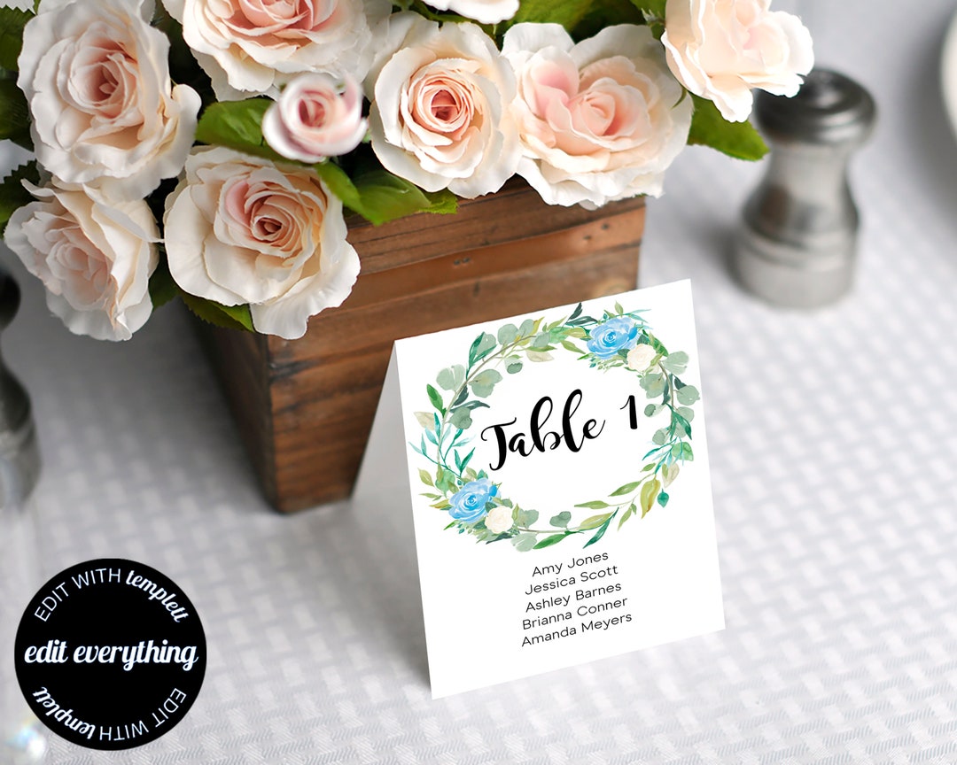 Blue Floral Baby Shower Table Numbers Greenery Table Card Template ...