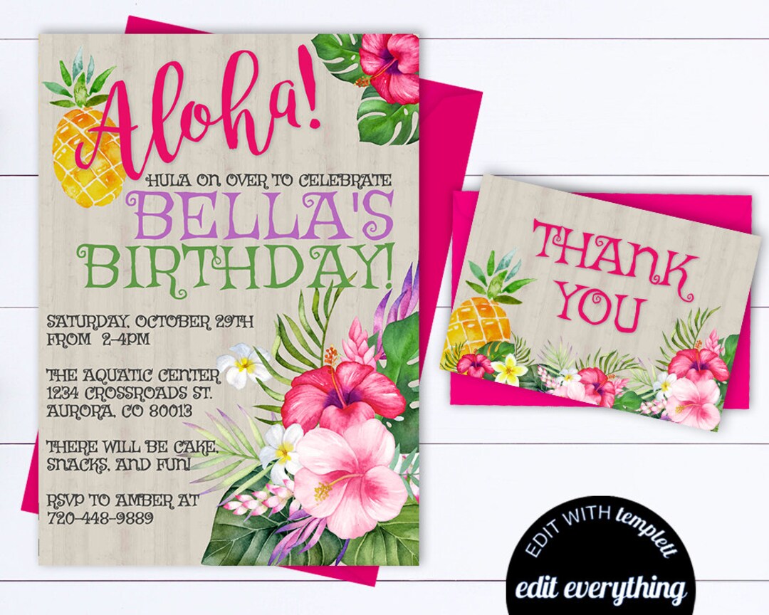 Hawaiian Tropical Floral Birthday Invitation Tropical Floral Watercolor ...