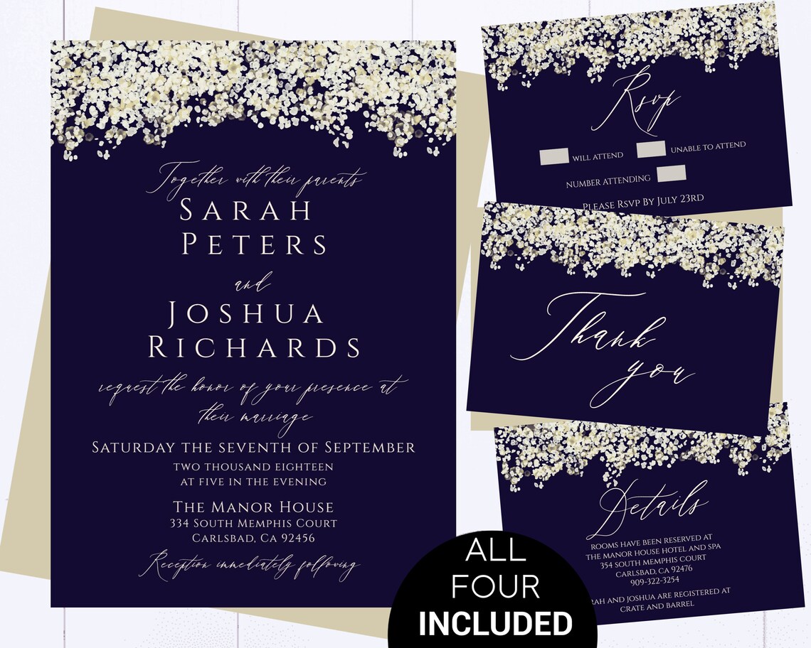 Navy Wedding Invitation Printable Elegant Wedding Invitations | Etsy