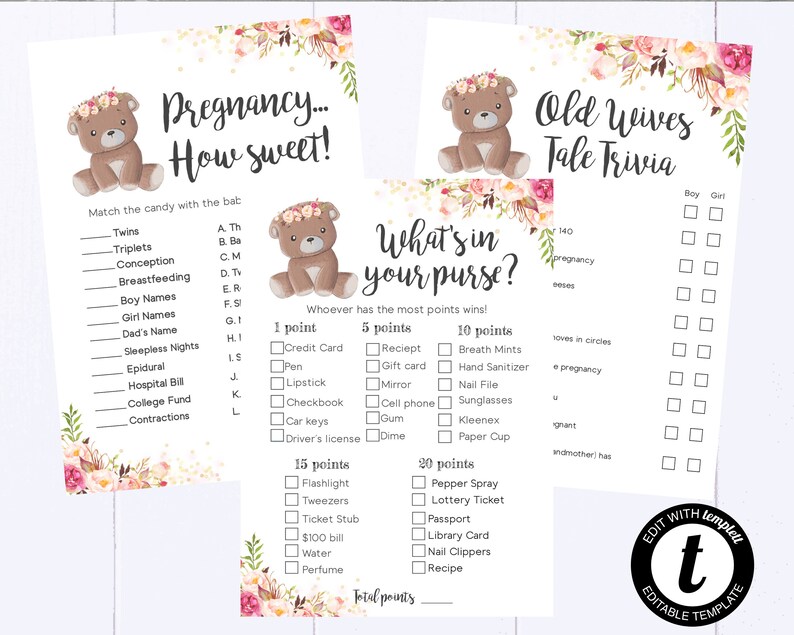 Bear Baby Shower Games Printable Baby Shower Games Package - Etsy