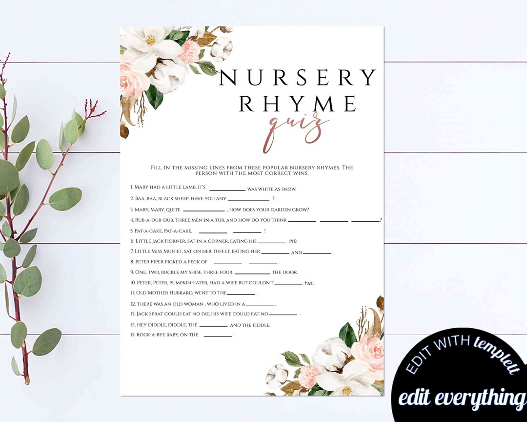 Rose Gold Nursery Rhyme Quiz Baby Shower Game Magnolia Baby Shower ...