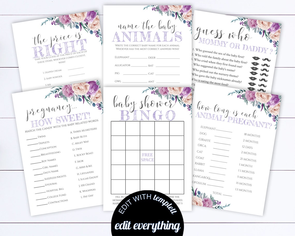 Purple Baby Shower Games Printable Baby Shower Games Package - Etsy Canada