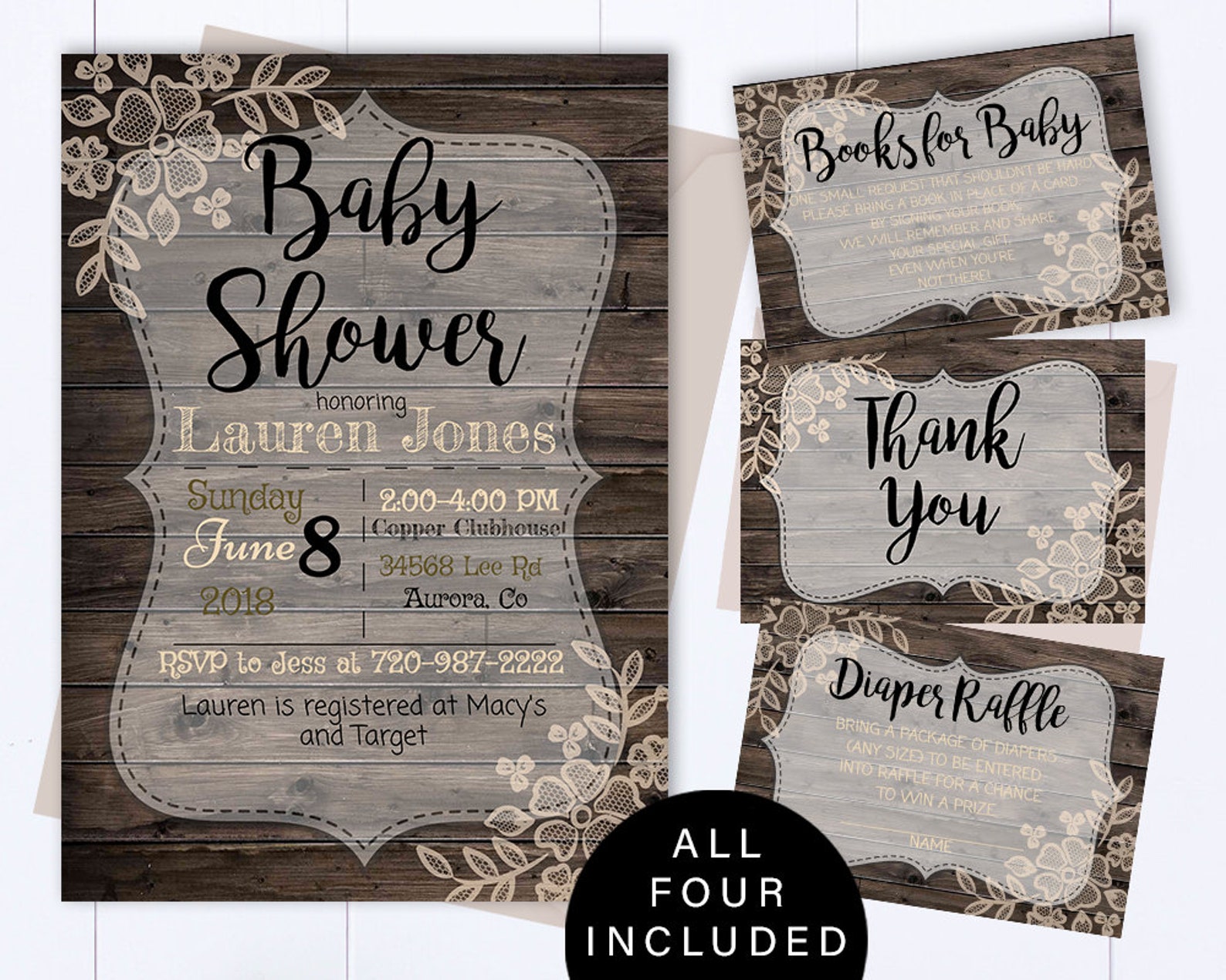 Rustic Baby Shower Invitation Girl Baby Shower Invite Wood Rustic Lace ...