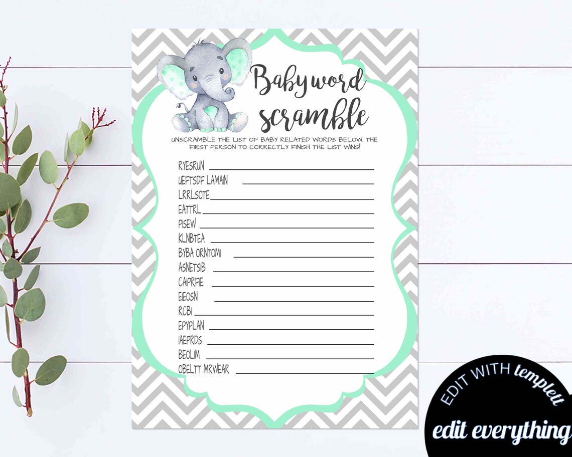 Elephant Baby Shower Baby Word Scramble Game Printable Baby - Etsy