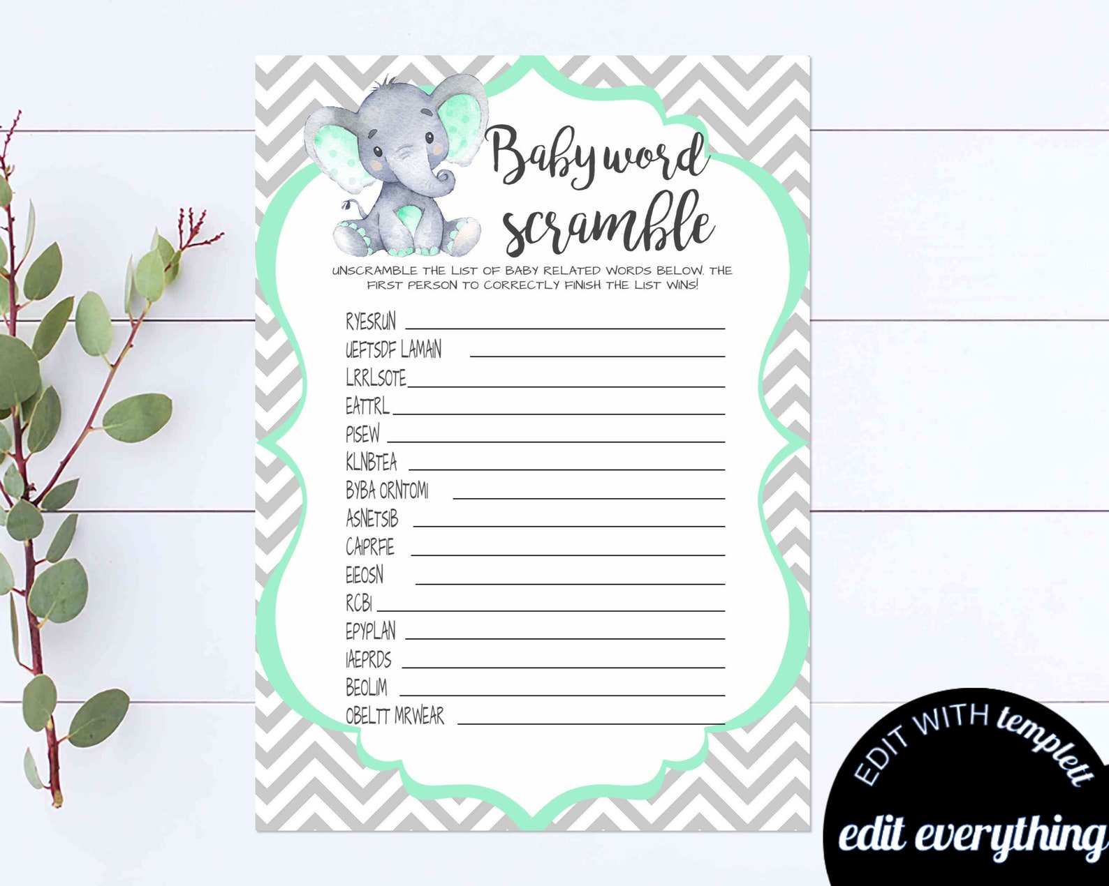 Elephant Baby Shower Baby Word Scramble Game Printable Baby - Etsy