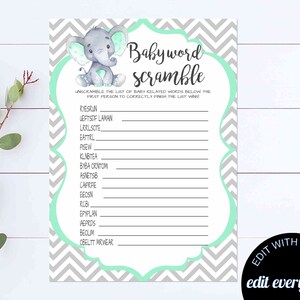 Elephant Baby Shower Baby Word Scramble Game Printable Baby Shower Baby ...