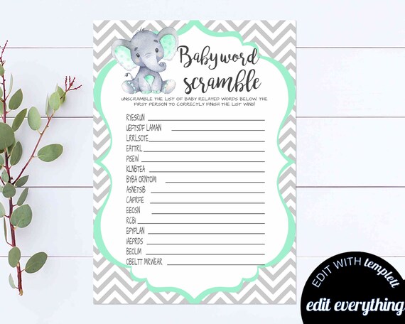 Elephant Baby Shower Word Scramble Printable Game