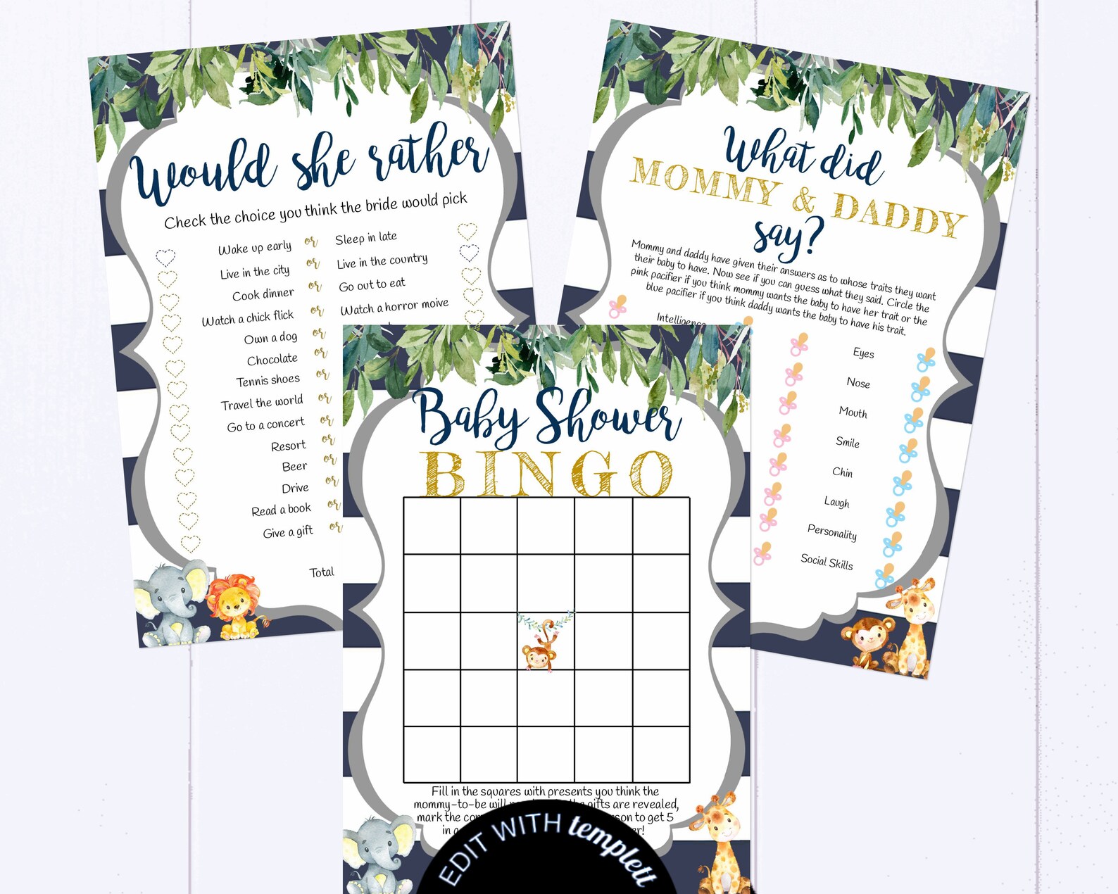 Safari Baby Shower Game Package Boy Jungle Animal Baby Shower Games ...