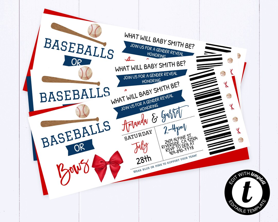 Baseball or Bows Gender Reveal Invitation Baseball and Bows Gender ...