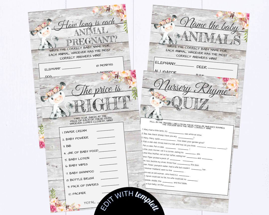 Cow Baby Shower Games Printable Baby Shower Games Package Baby Shower ...