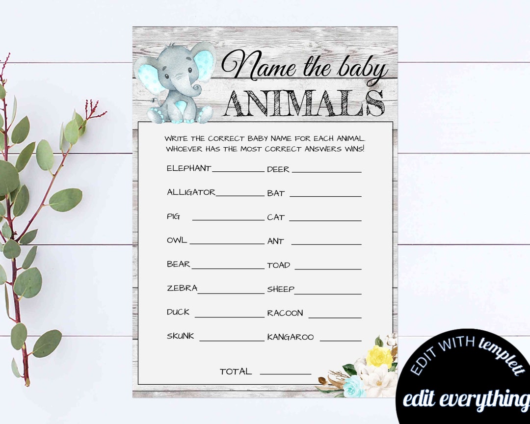 Elephant Baby Shower Name the Baby Animal Game Baby Shower Name the ...