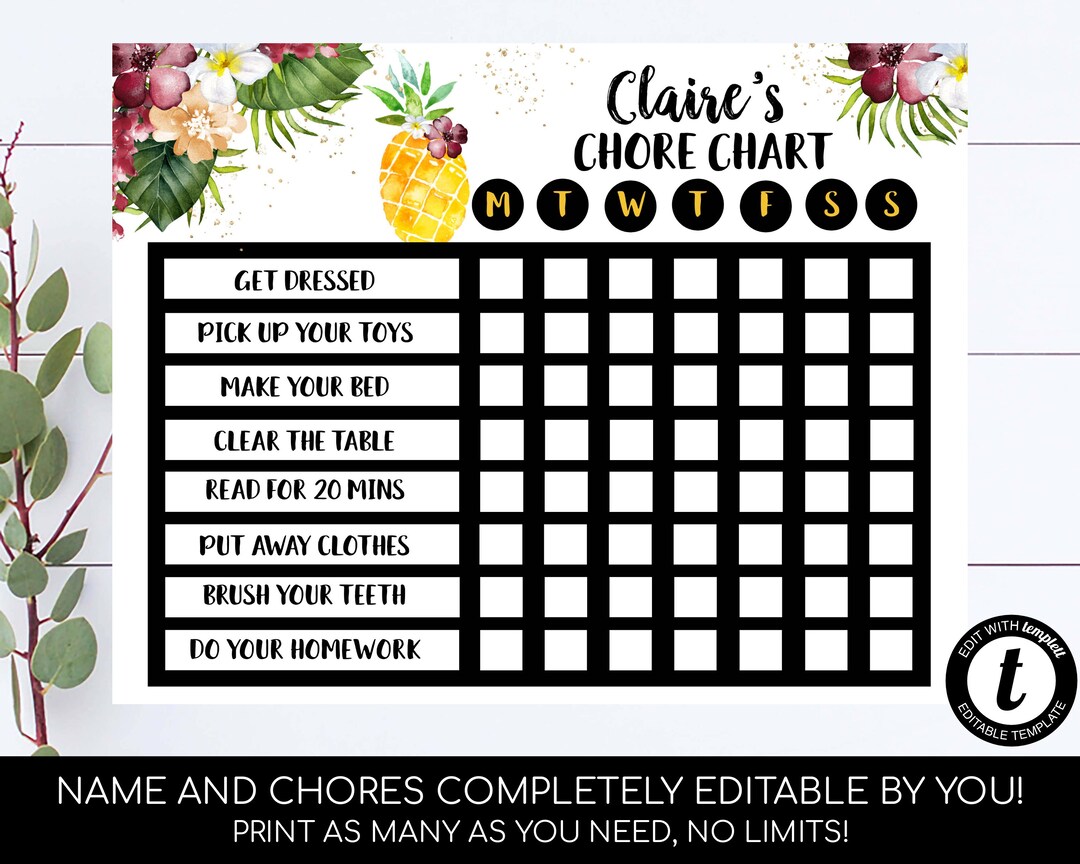 Tropical Chore Chart Editable Kids Chore Chart Reward Chart for Kids ...