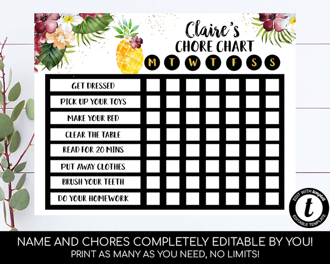 Tropical Chore Chart Editable Kids Chore Chart Reward Chart for Kids ...