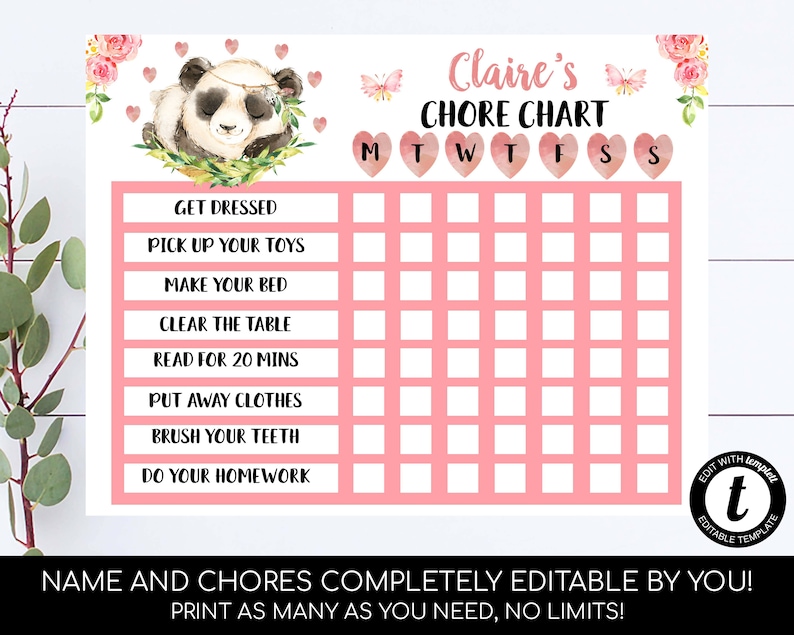 Panda Chore Chart Editable Kids Chore Chart Reward Chart for - Etsy