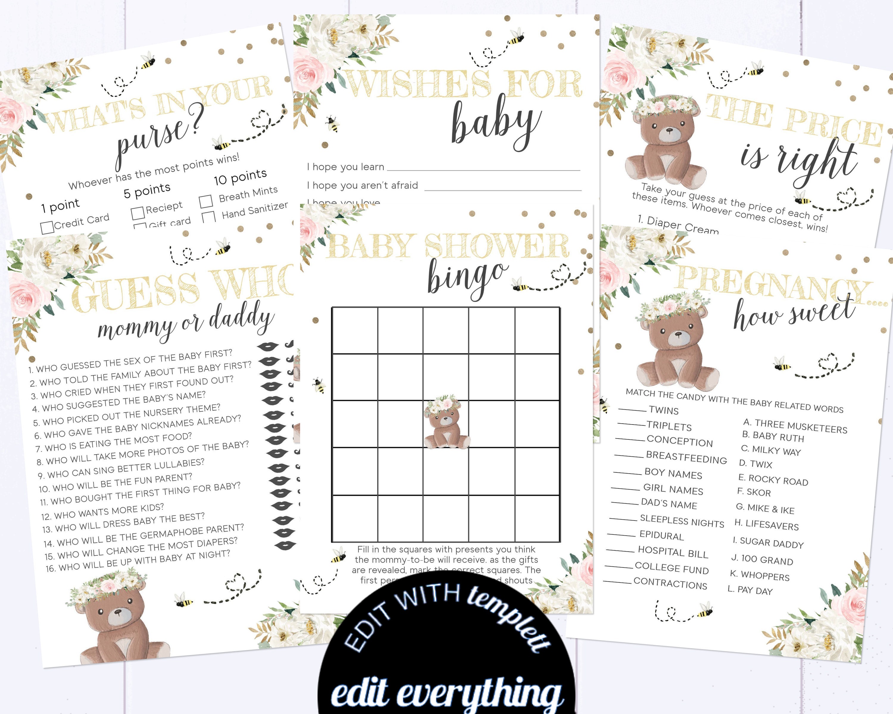 Bear Baby Shower Games Printable Baby Shower Games Package Baby Shower ...