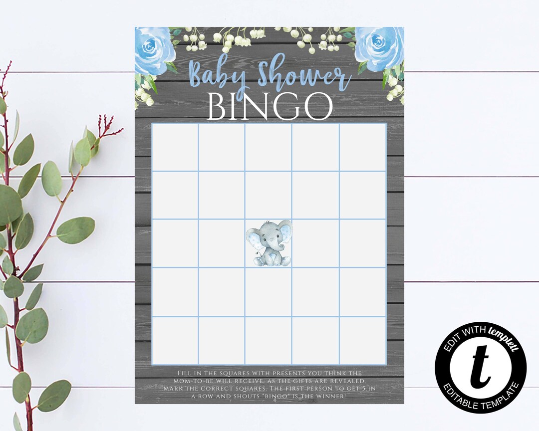 Blue Elephant Bingo Baby Shower Game Floral Baby Shower Bingo Activity ...