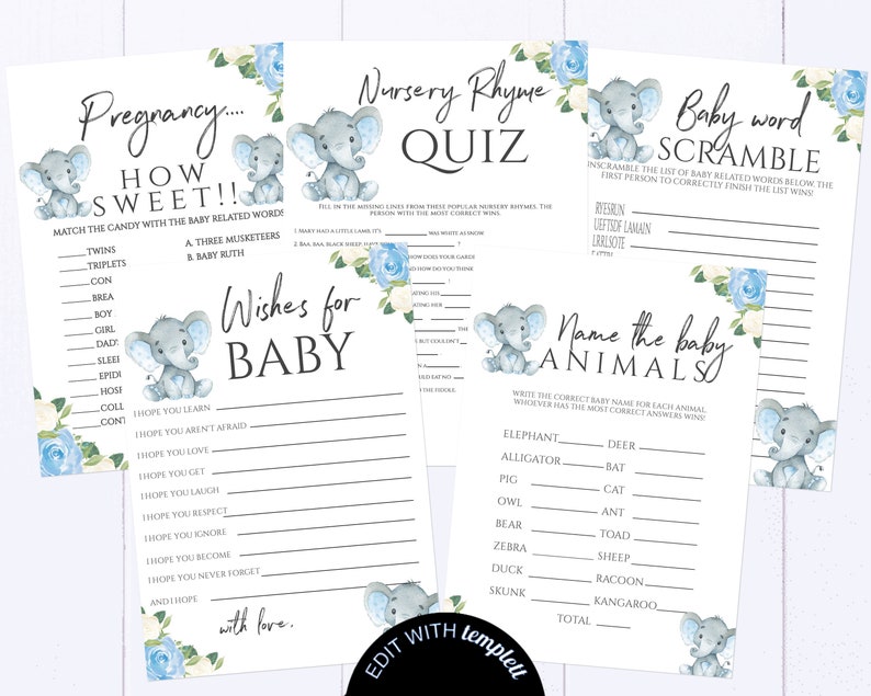 Elephant Baby Shower Games Printable Twin Baby Shower Games Package ...