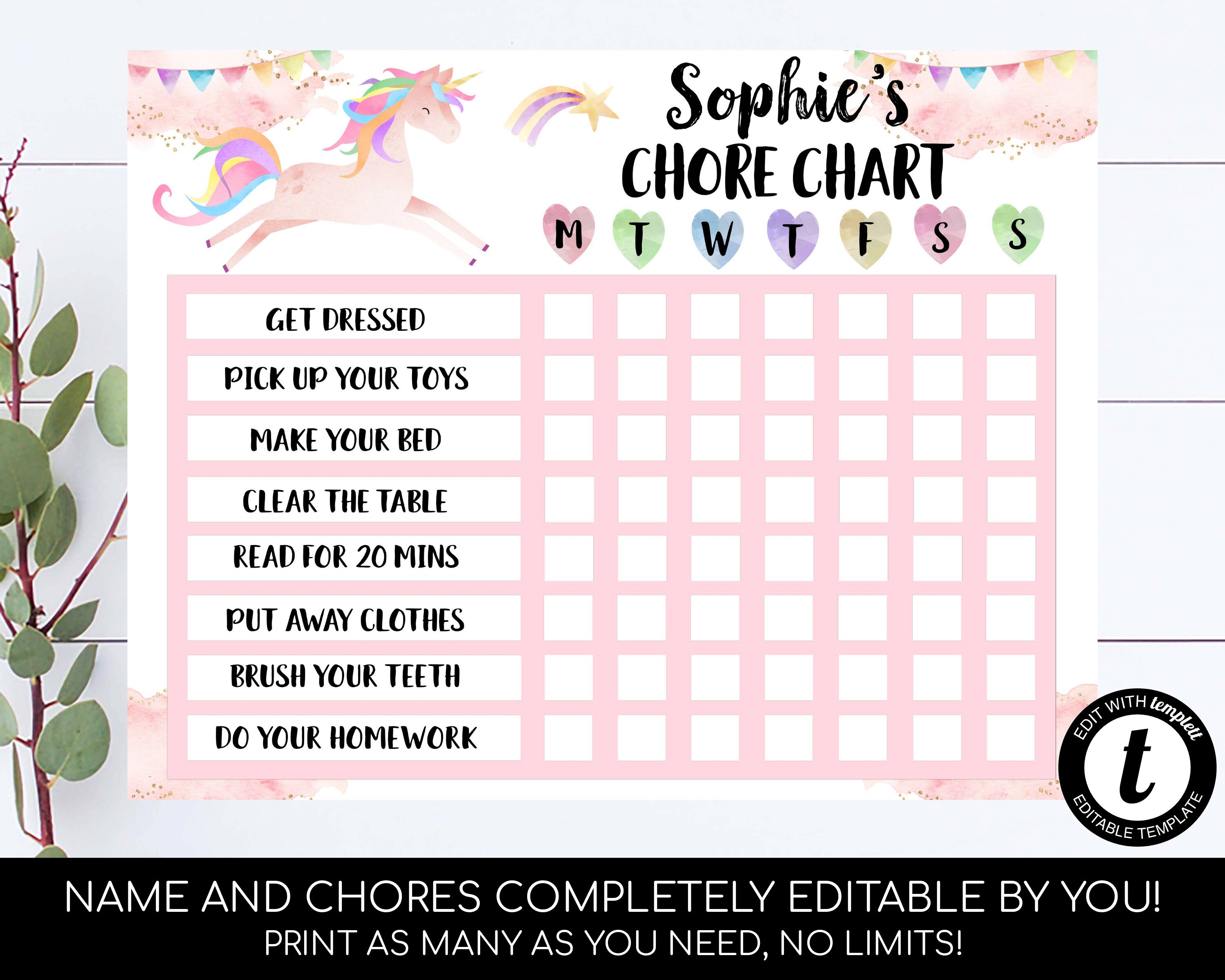 Unicorn Chore Chart Editable Kids Chore Chart Reward Chart For | Etsy