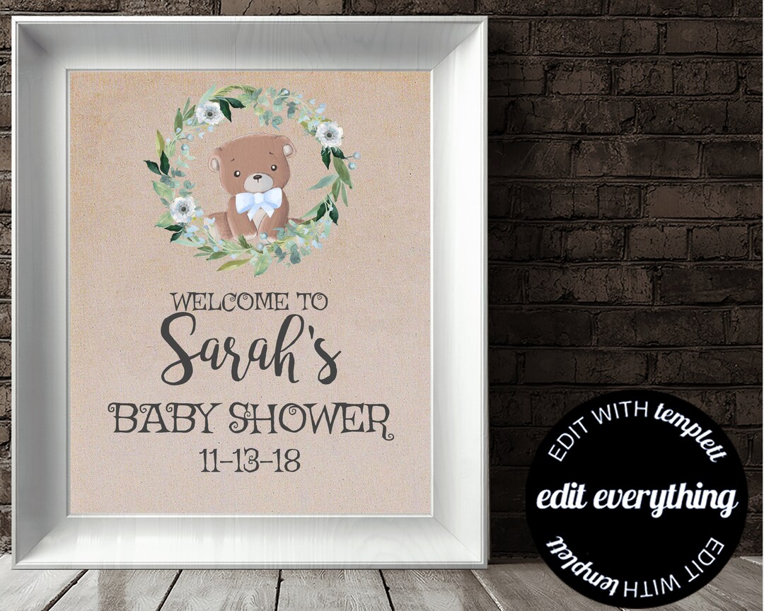 Floral Bear Baby Shower Welcome Sign Baby Welcome Sign Blue Bear Baby ...