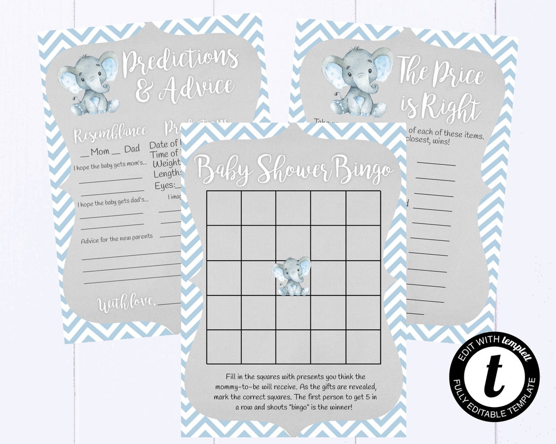 Blue Elephant Baby Shower Games Printable Baby Shower Games Package ...