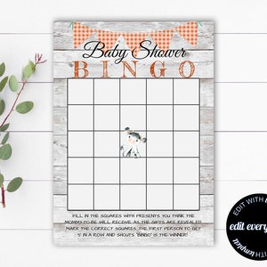 Cow Baby Shower Bingo Game Baby Shower Bingo Activity Cow Baby Shower ...