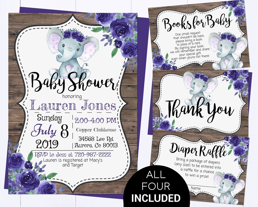 Purple Elephant Baby Shower Invite Purple and Gray Baby Girl Shower ...