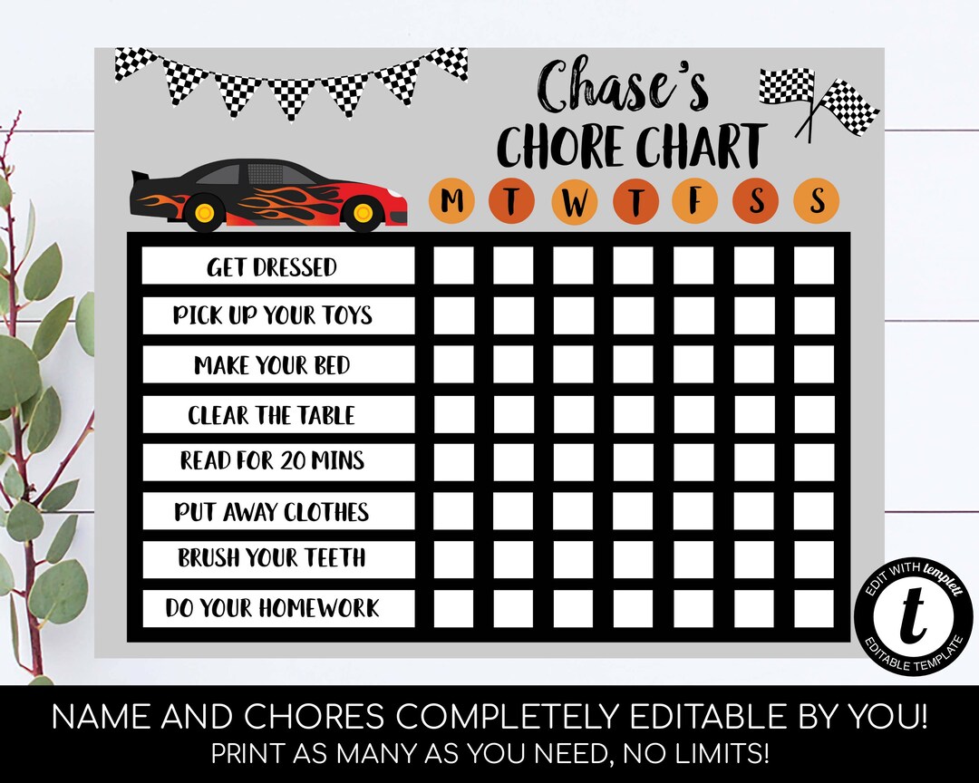 Race Car Chore Chart Editable Kids Chore Chart Reward Chart for Kids ...