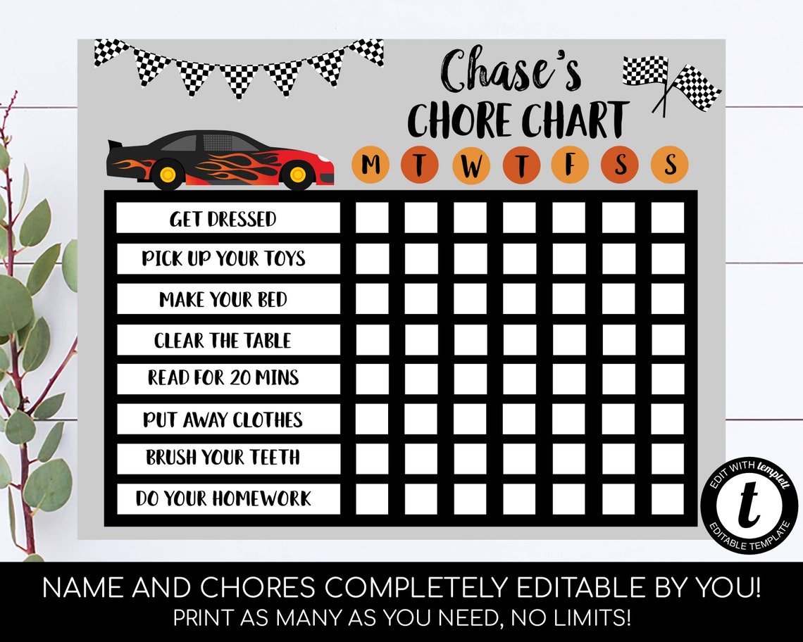 Race Car Chore Chart Editable Kids Chore Chart Reward Chart | Etsy