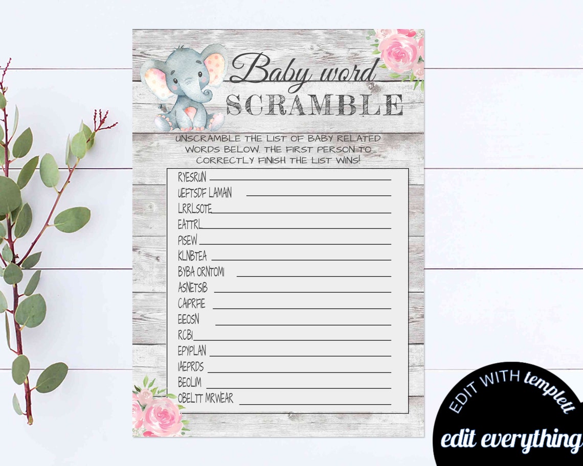 Elephant Baby Shower Baby Word Scramble Game Printable Baby Shower Baby ...