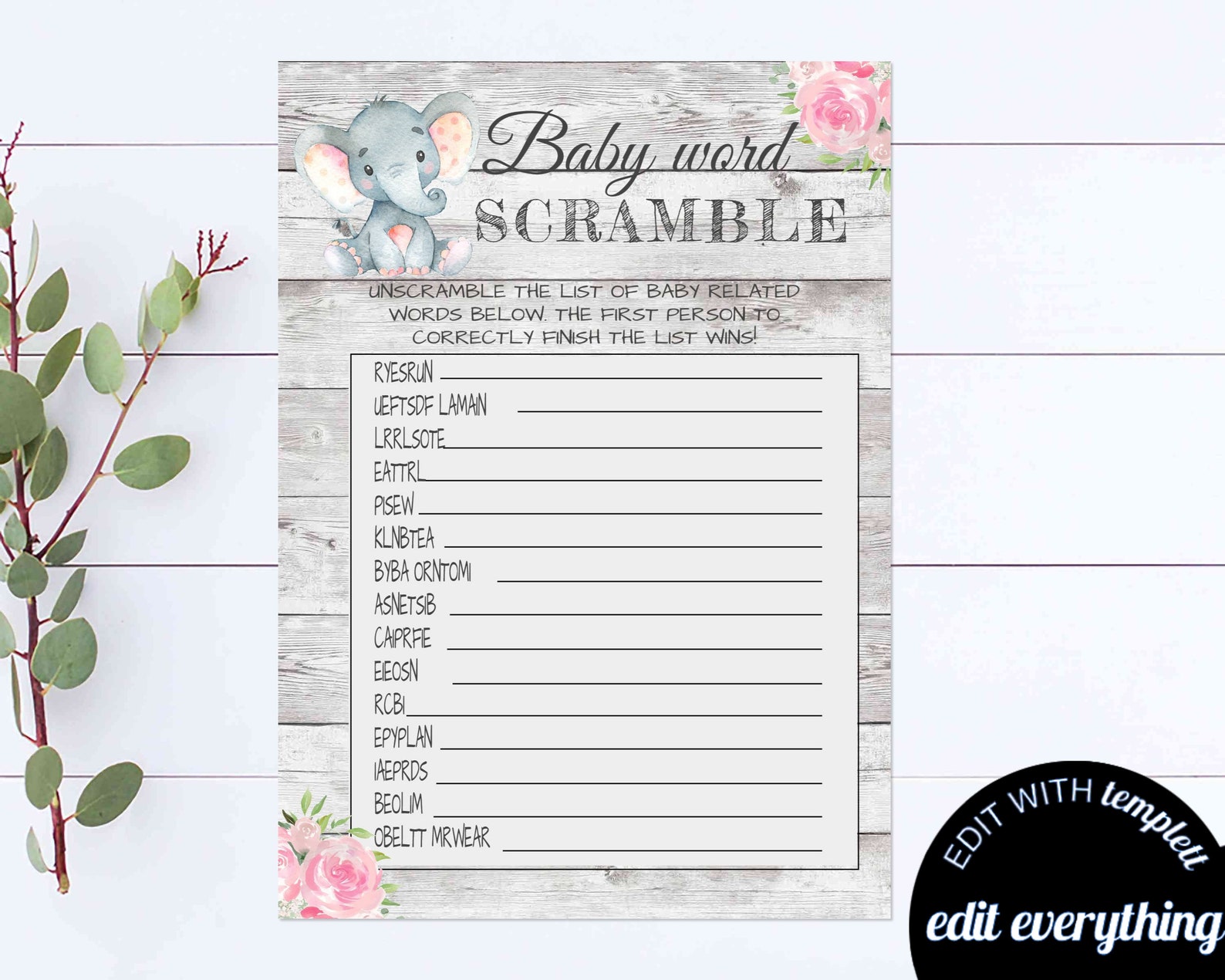 Elephant Baby Shower Baby Word Scramble Game Printable Baby | Etsy