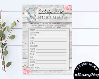 Elephant Baby Shower Word Scramble Elephant Baby Shower Game Printable ...